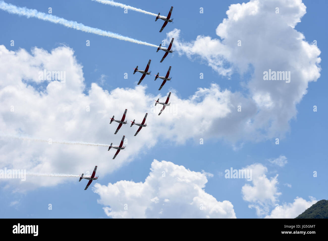 Air show of Swiss acrobatic fly team at Lugano on the italian part of ...