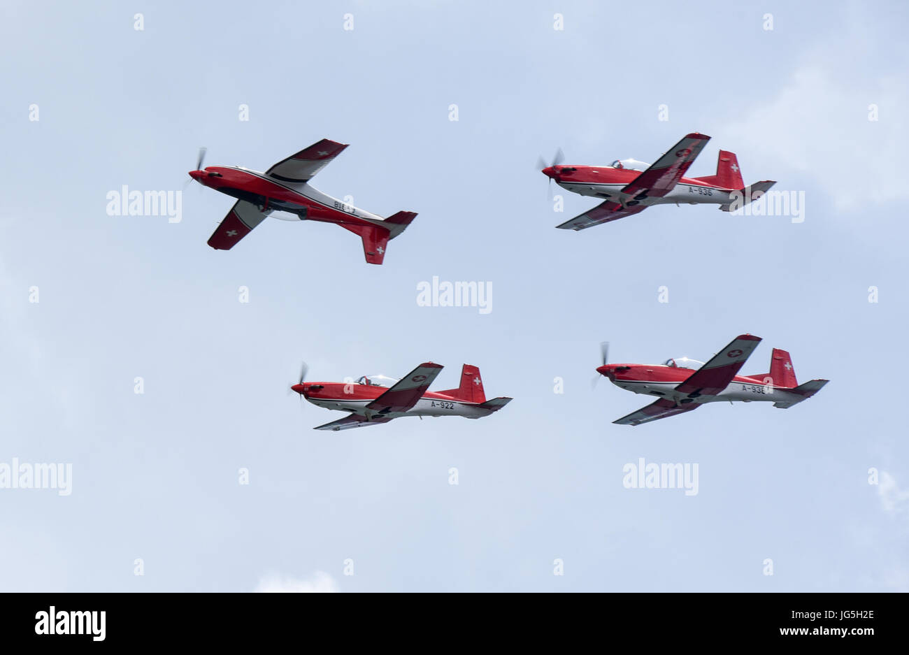 Air show of Swiss acrobatic fly team at Lugano on the italian part of ...