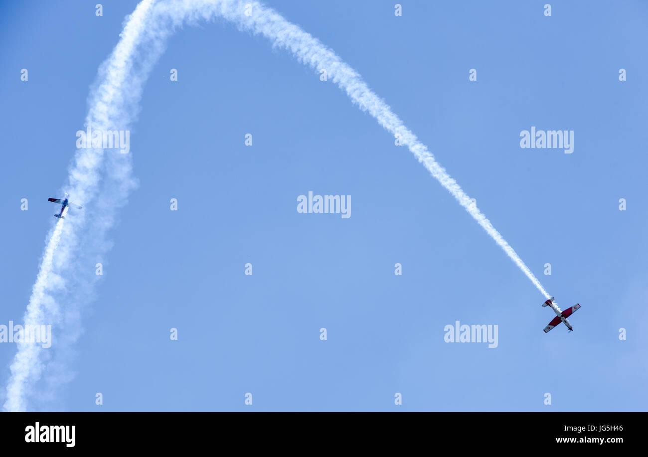 Air show of Swiss acrobatic fly team at Lugano on the italian part of ...