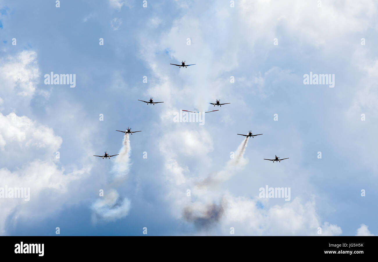 Air show of Swiss acrobatic fly team at Lugano on the italian part of ...
