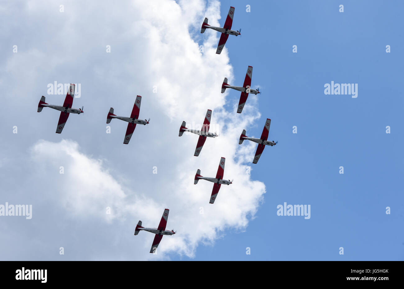 Air show of Swiss acrobatic fly team at Lugano on the italian part of ...