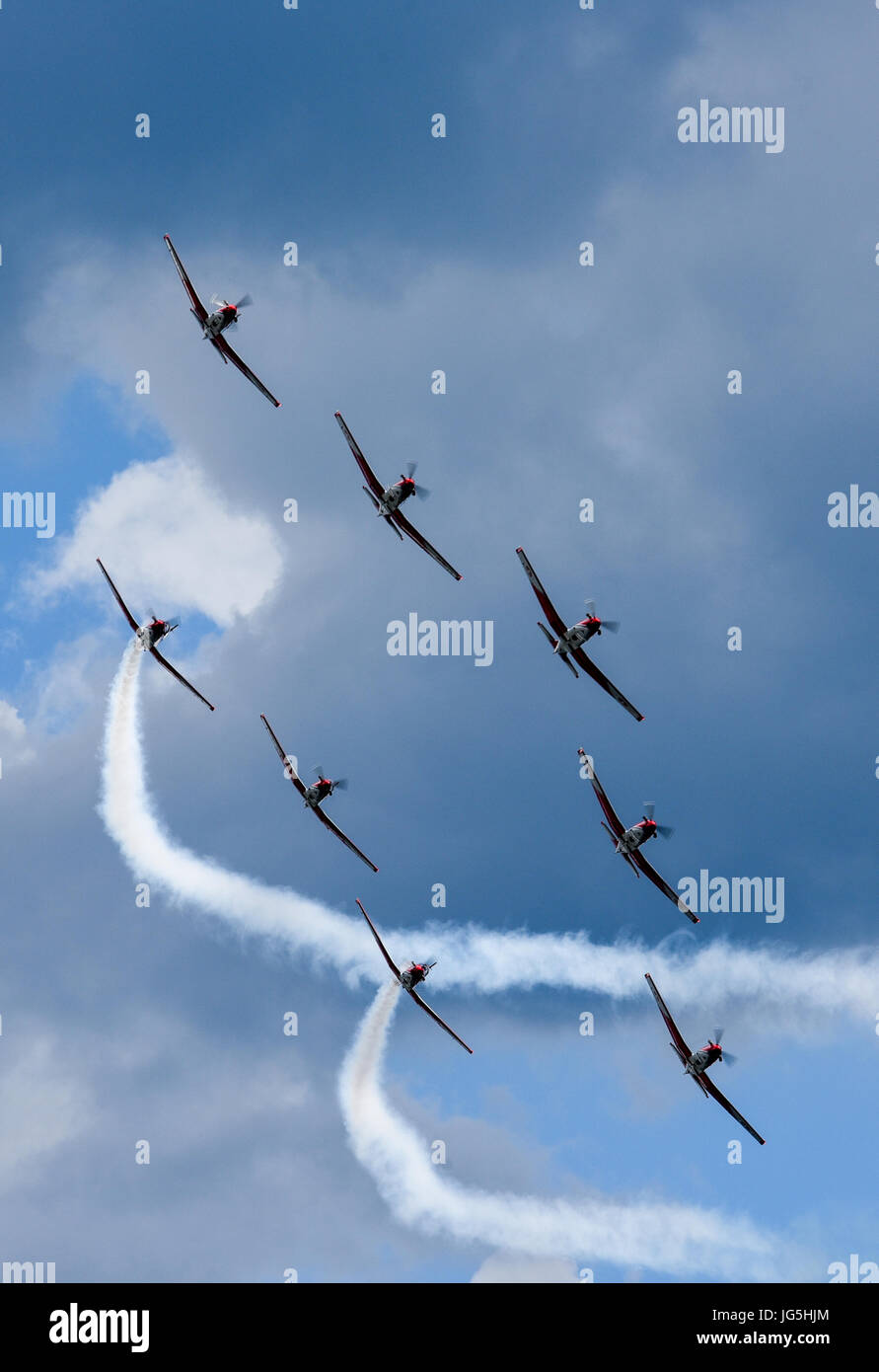 Air show of Swiss acrobatic fly team at Lugano on the italian part of ...