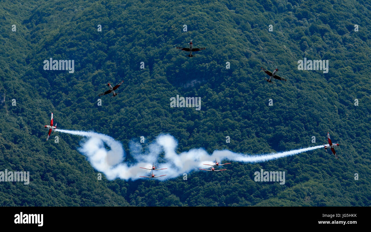 Air show of Swiss acrobatic fly team at Lugano on the italian part of ...