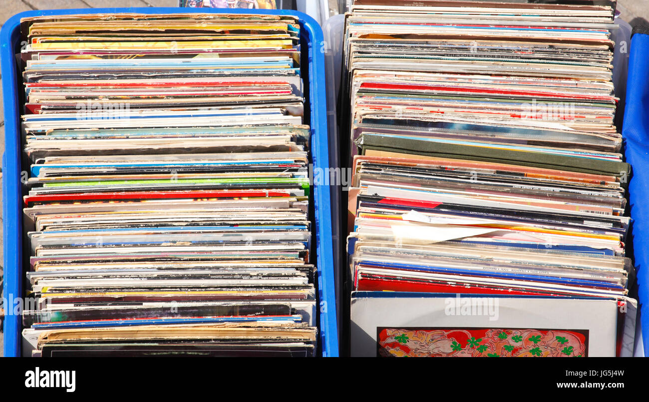 old Records, record Covers on a Flea Market Stall Stock Photo - Alamy