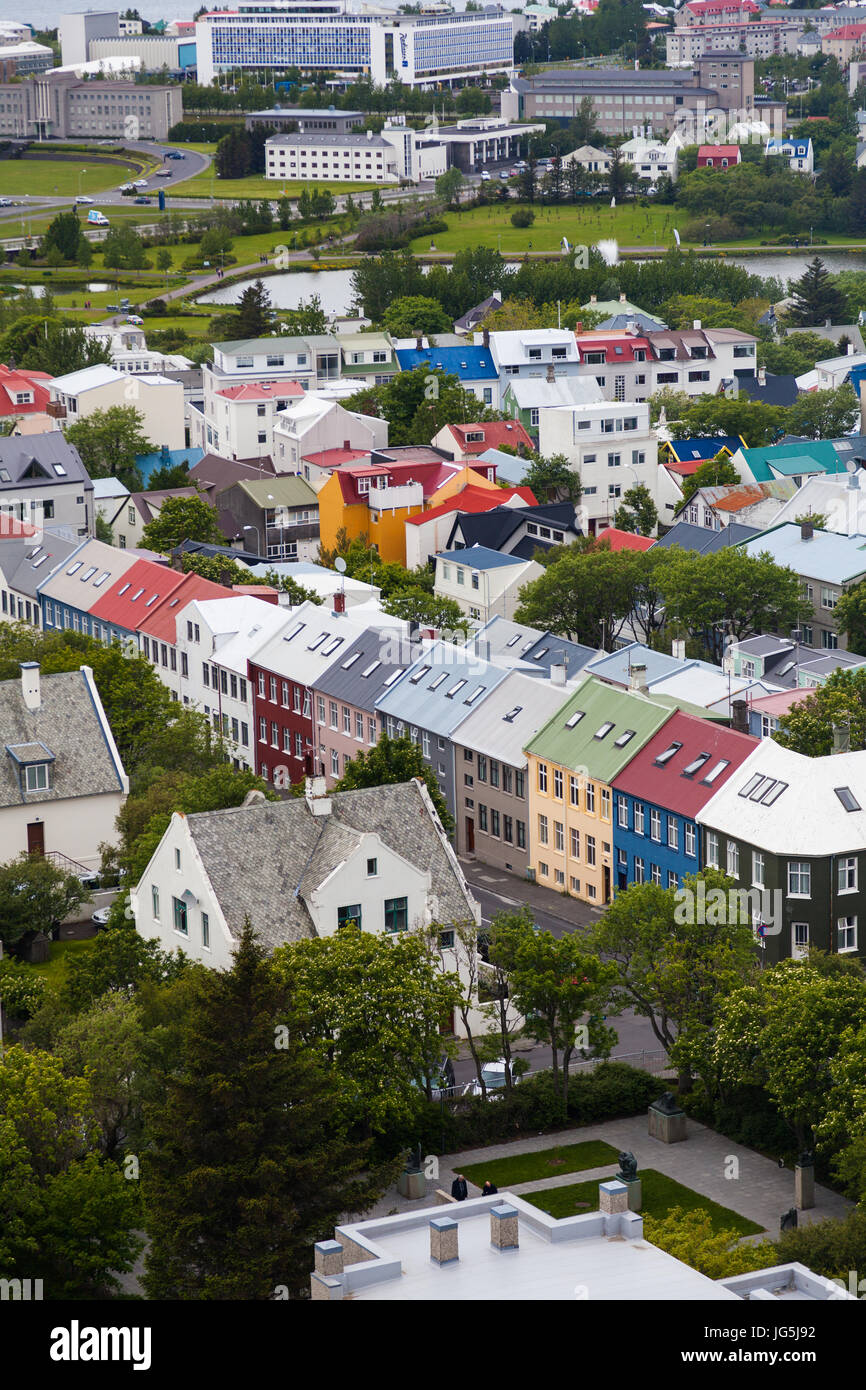 Colourful rooftops of Reykjavik seen from the tower of the ...