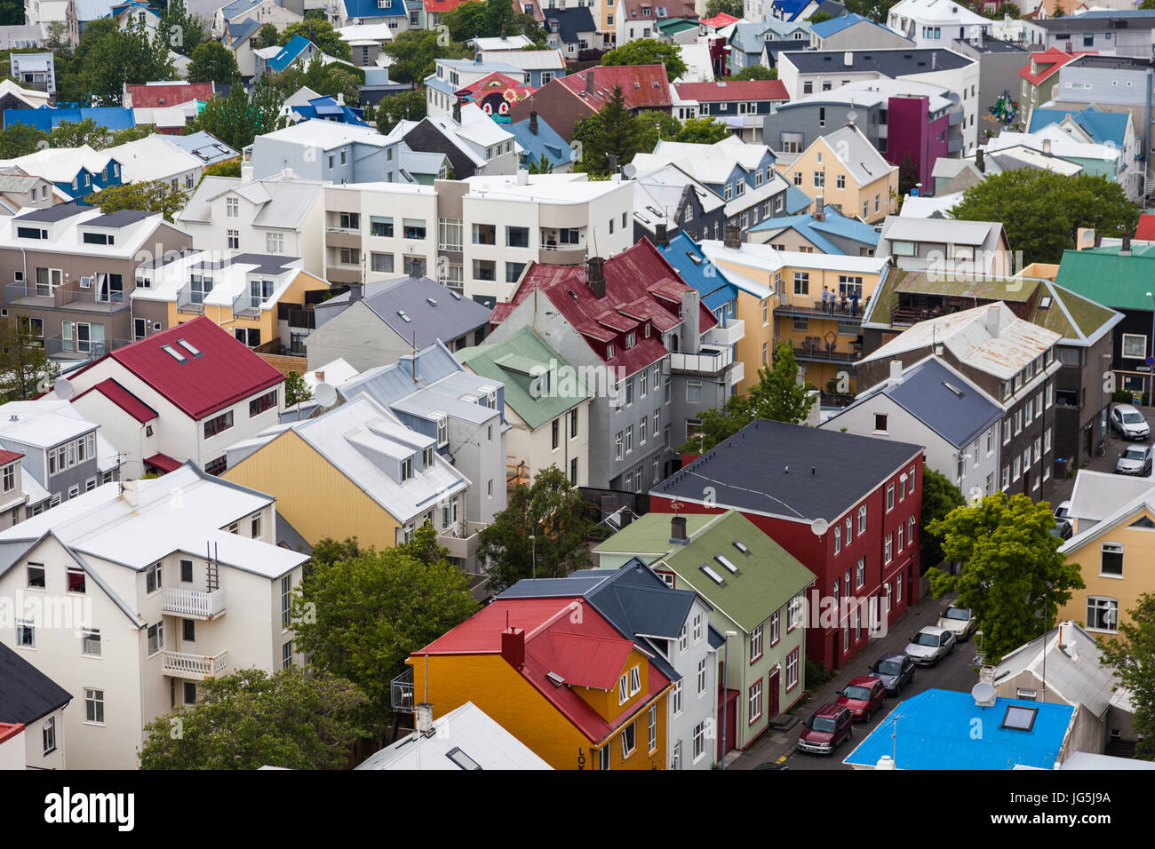 Colourful rooftops of Reykjavik seen from the tower of the ...