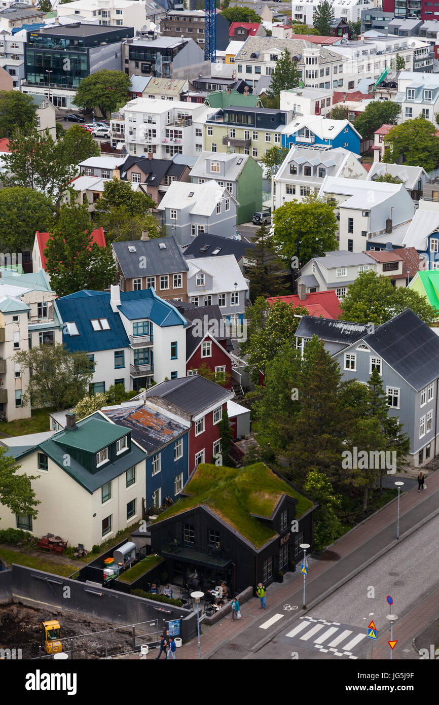 Colourful rooftops of Reykjavik seen from the tower of the ...