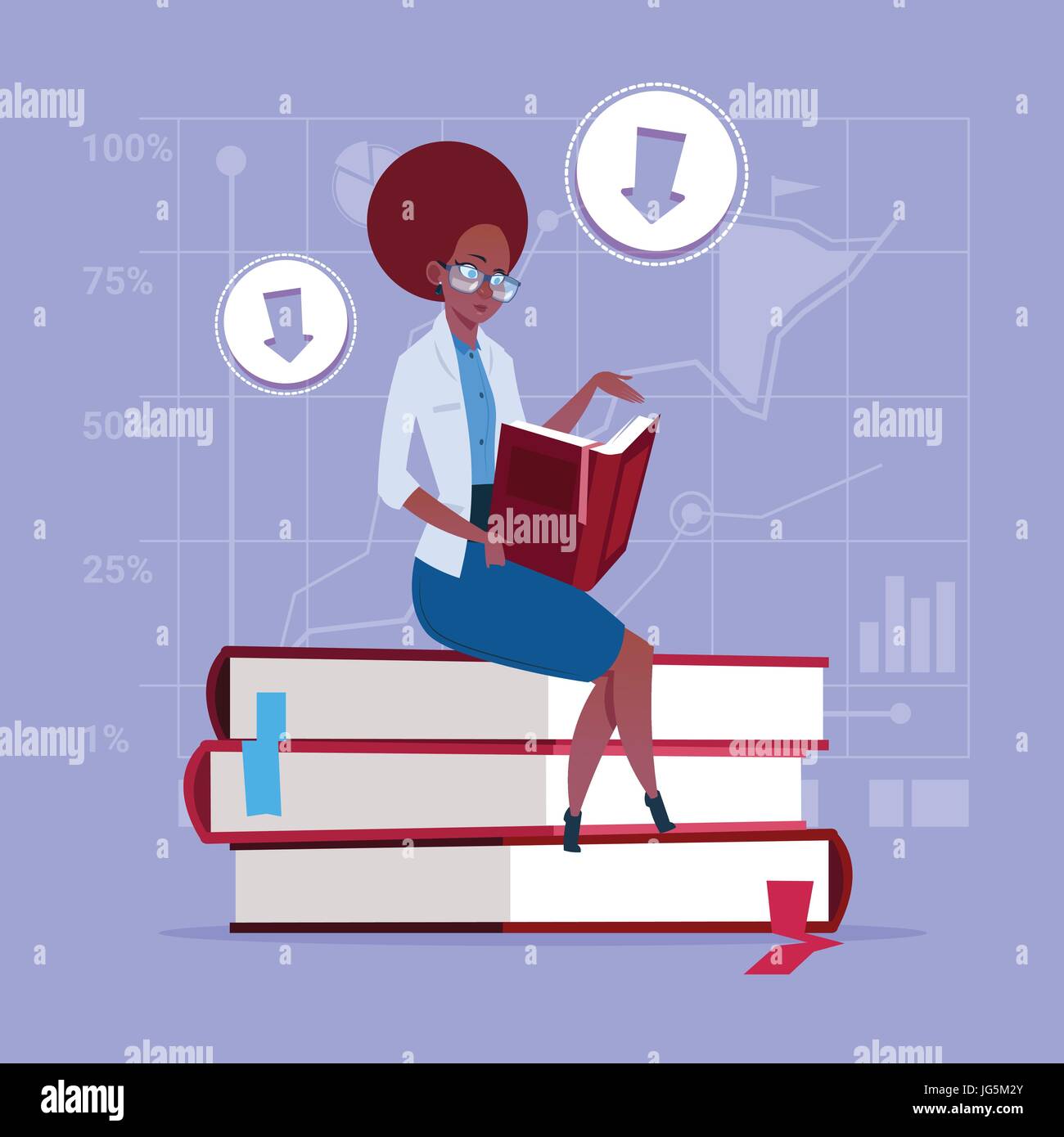 African American Business Woman Sitting On Books Stack Reading