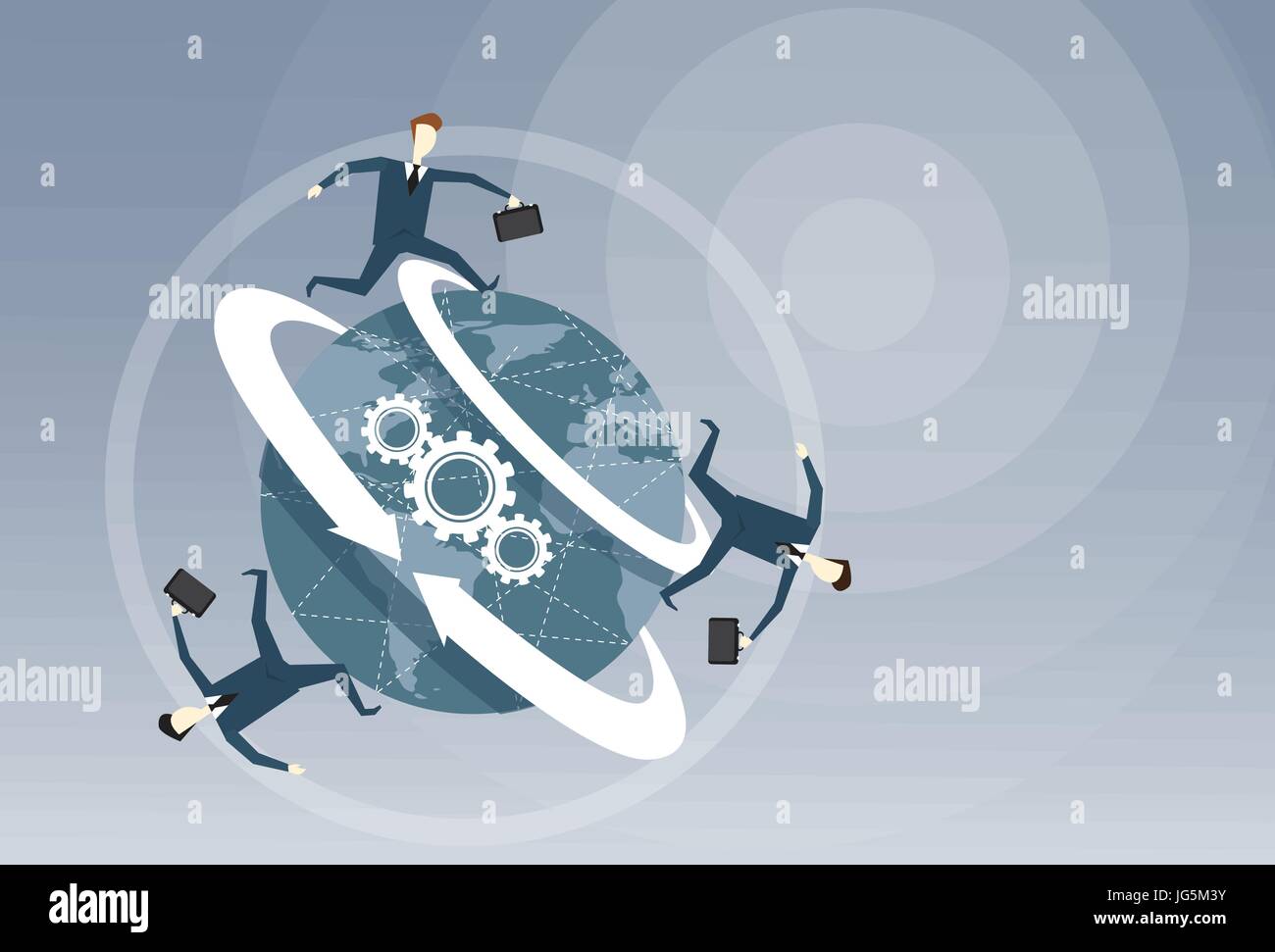 Business People Group Standing On Turning Earth With Cog Wheel Thinking ...