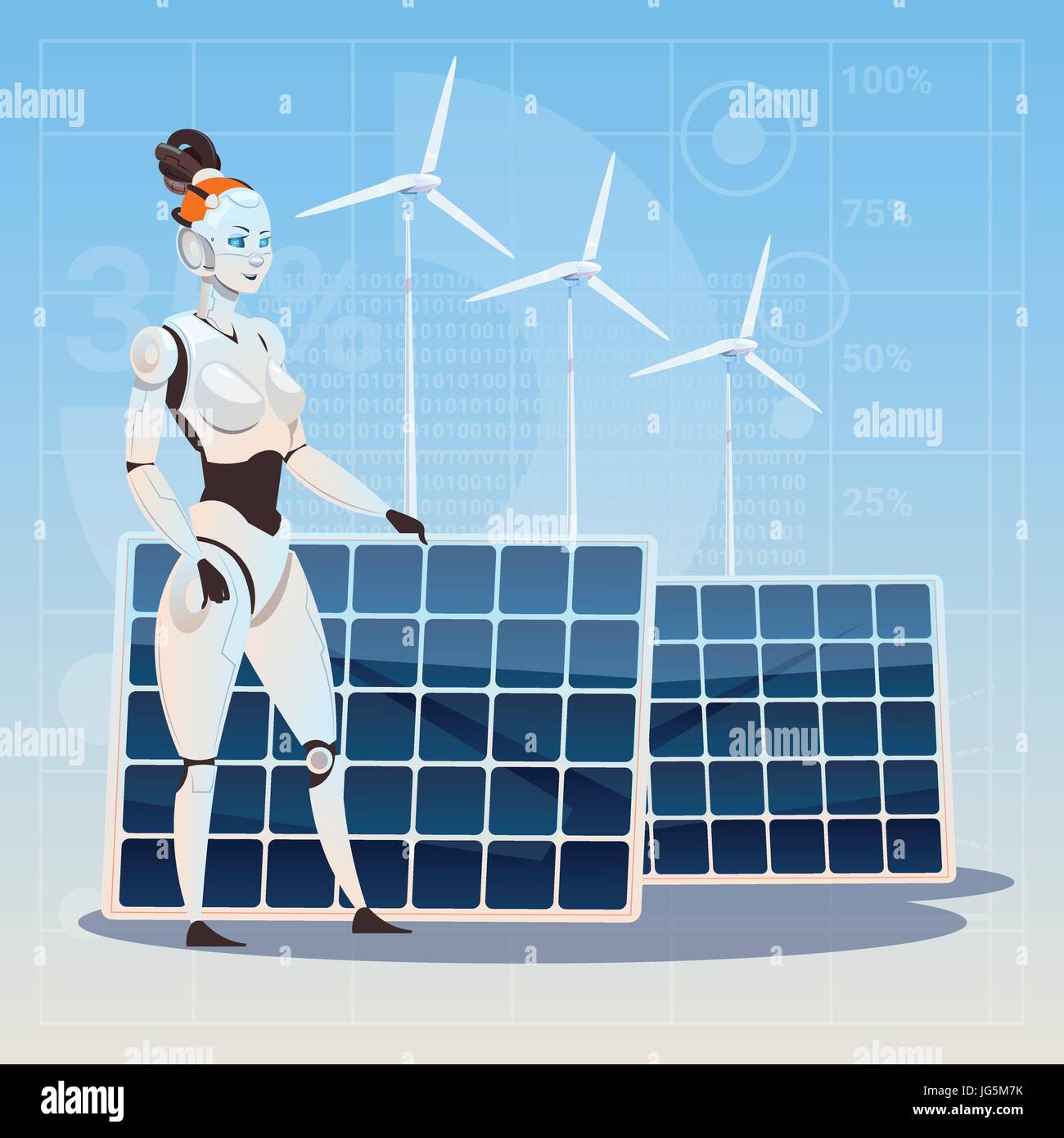 Modern Robot Female Over Wind Turbine And Solar Panels Renewable Energy ...