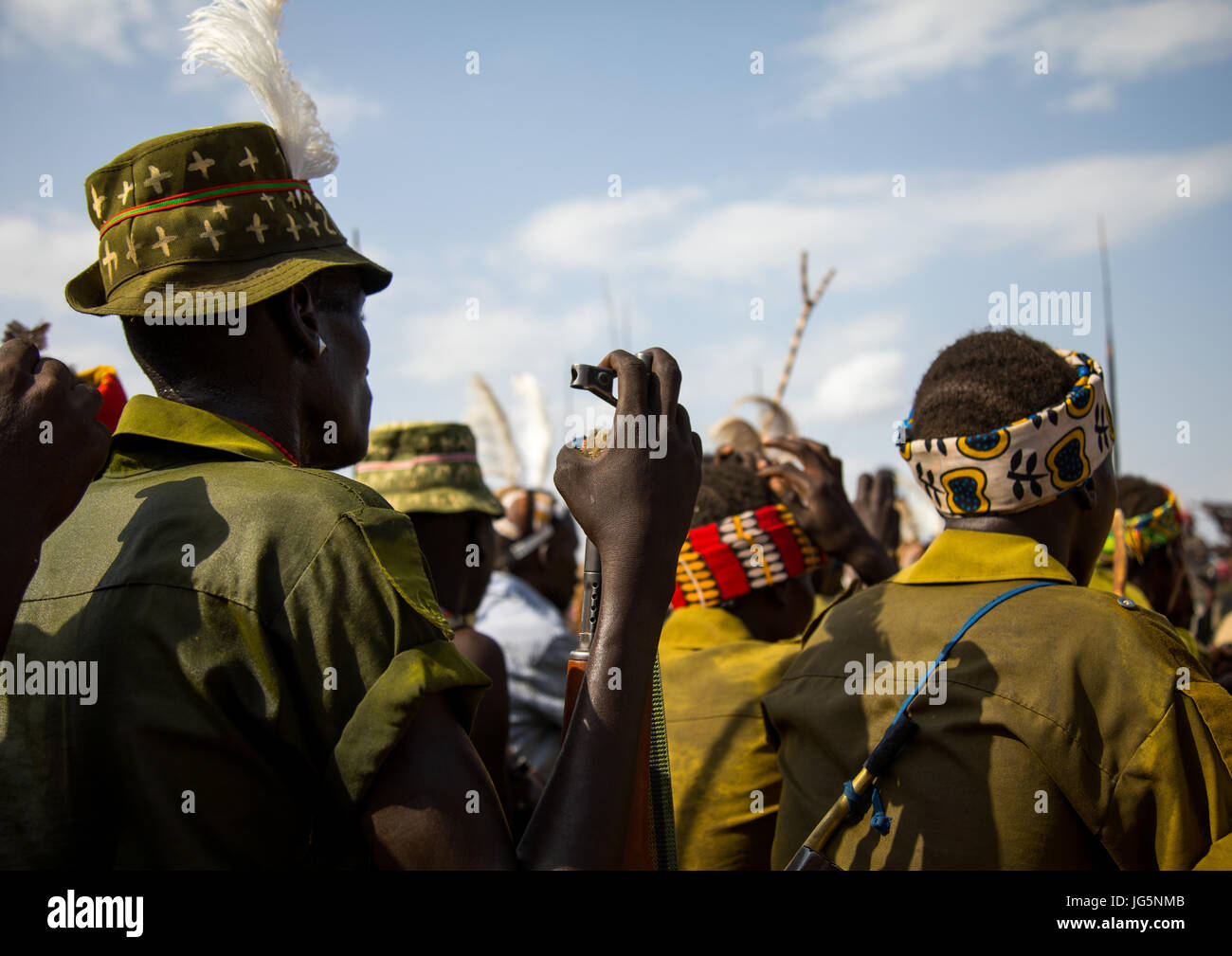 Tribe warriors during the proud ox ceremony in the Dassanech tribe ...
