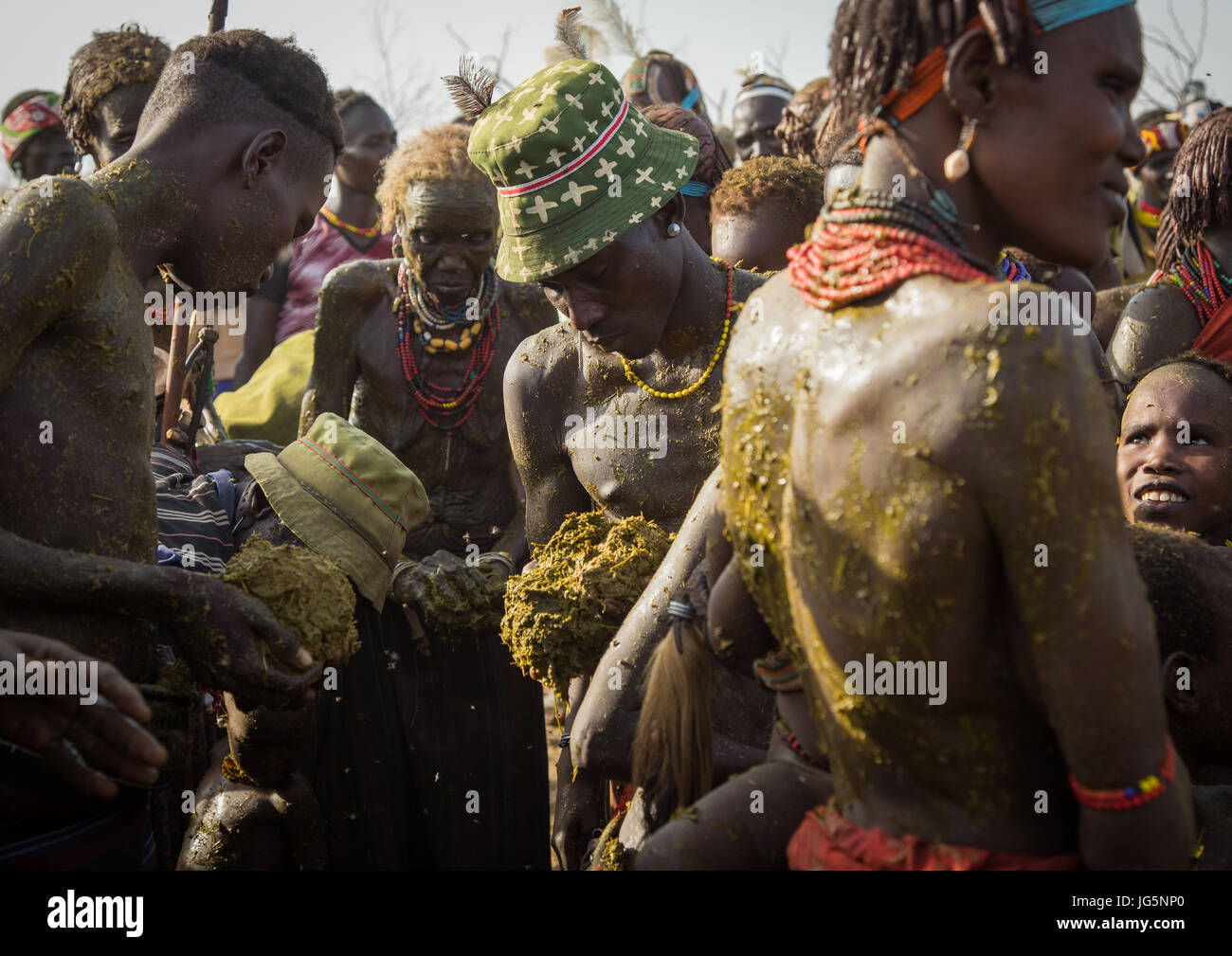 People covering themselves with cow dungs during the proud ox ceremony ...