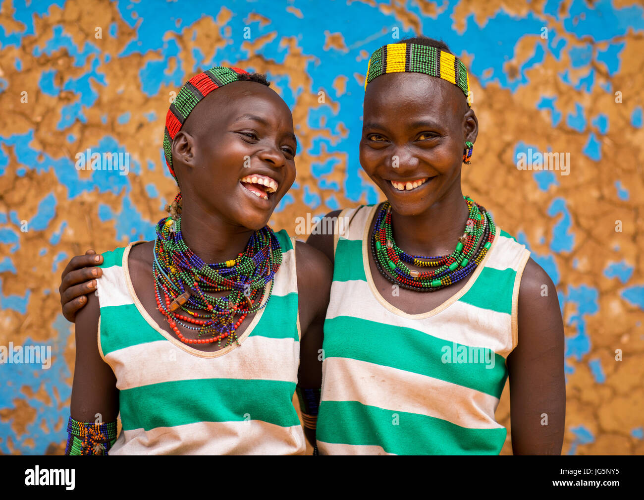 Hamer tribe young women laughing, Omo valley, Dimeka, Ethiopia Stock ...