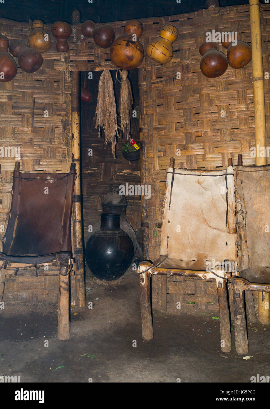 Inside a traditional Dorze house made of bamboo and enset leaves, Gamo ...