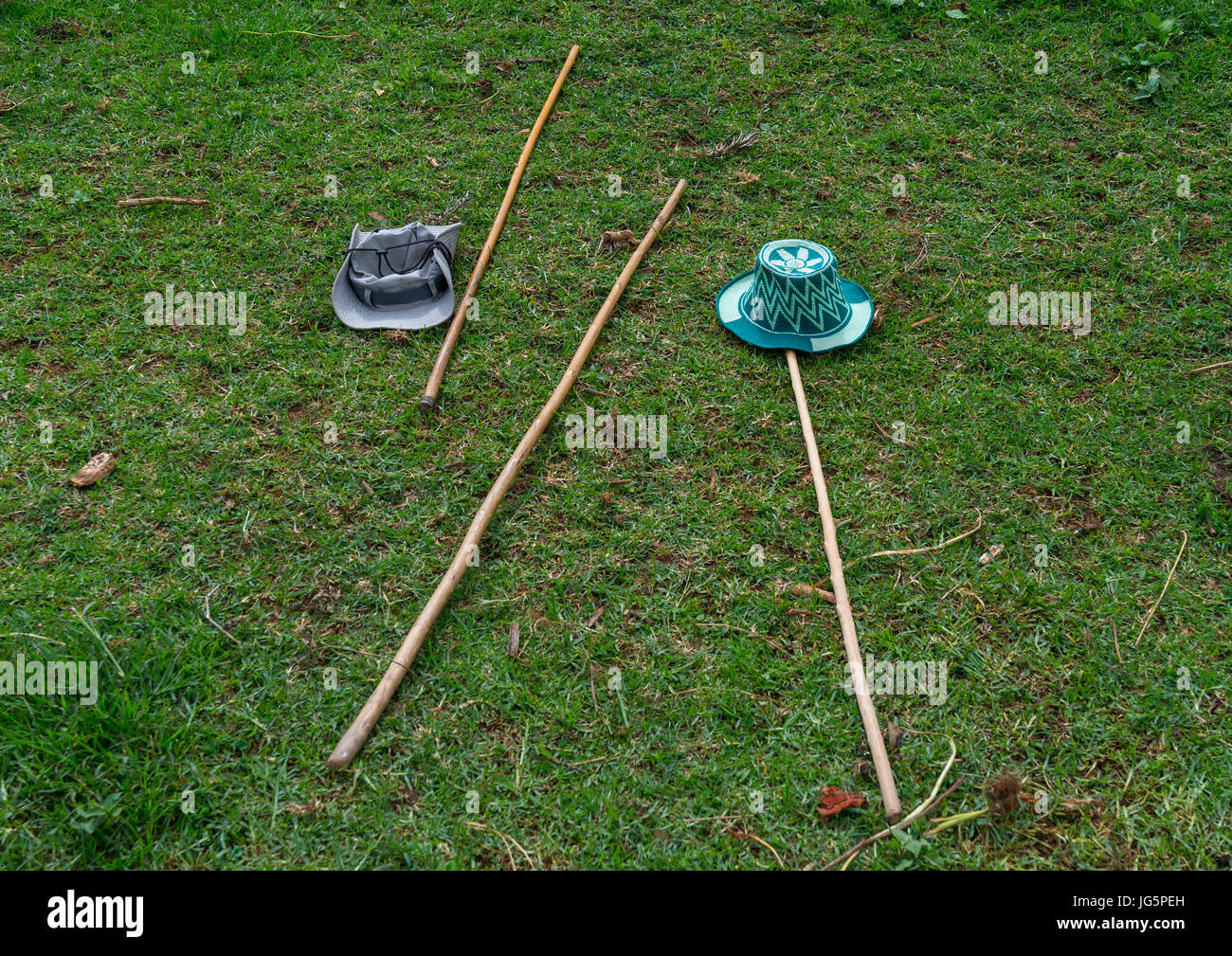 Sticks and hats on the ground let by men who entered a house, Gamo Gofa ...