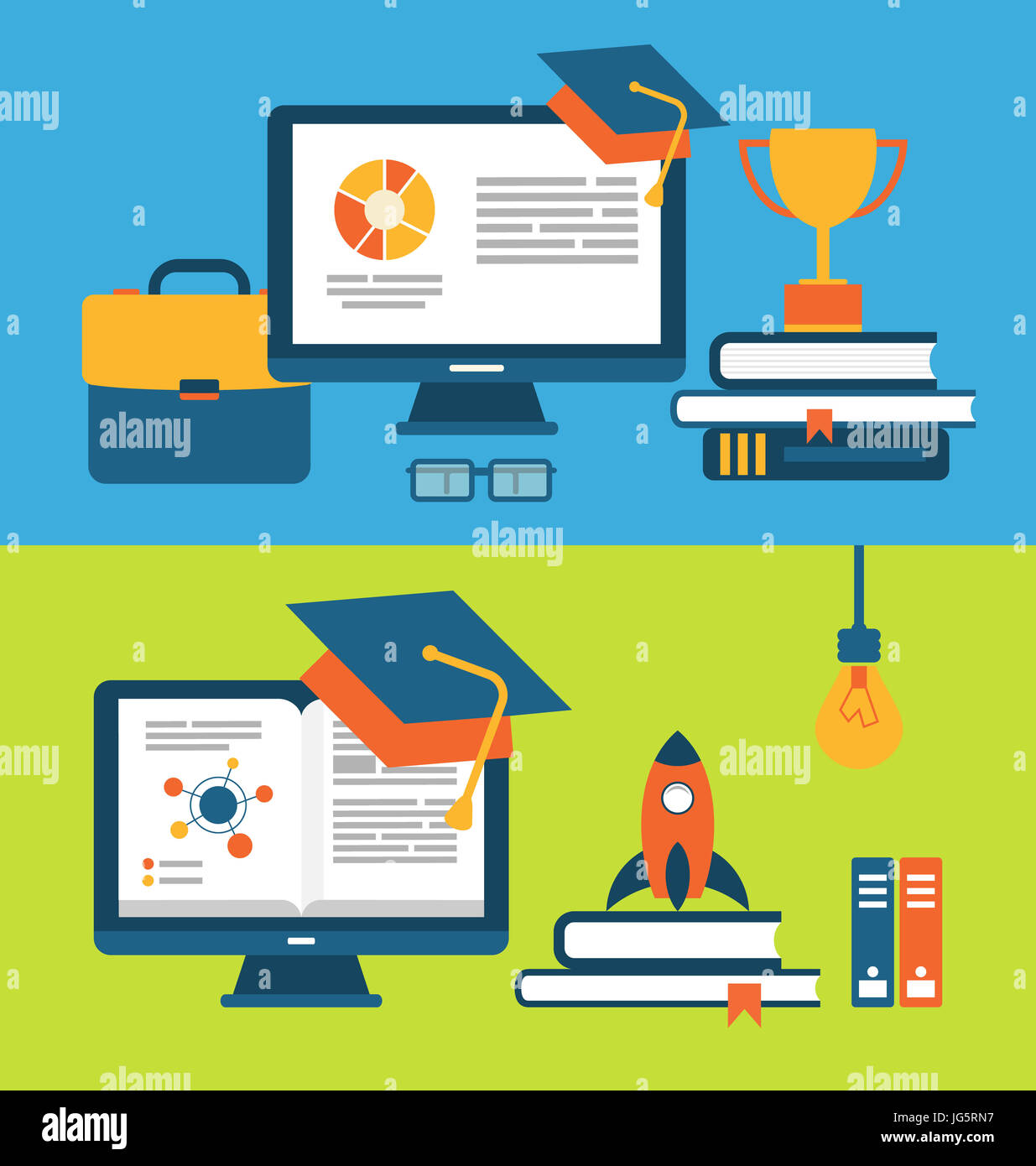 Illustration banners with set of flat concept icons for education for ...