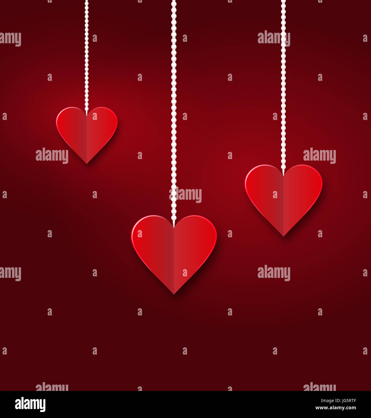 Hearts of red paper hanging on strings on red background. Valentine s ...