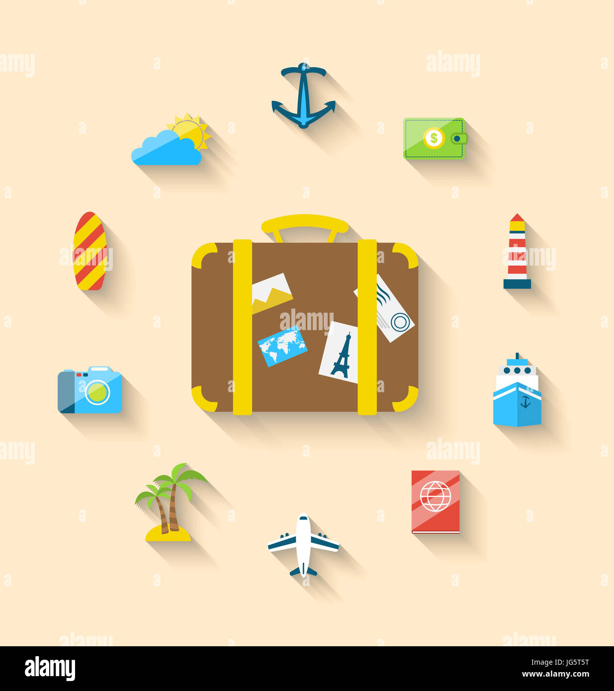 Illustration flat set icons tourism objects and equipment with suitcase ...