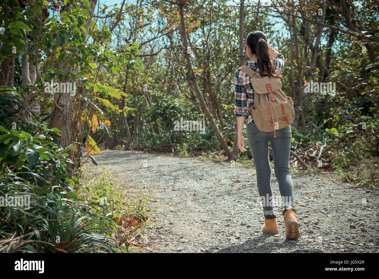 back view photo of young sweet student girl carrying backpack walking ...