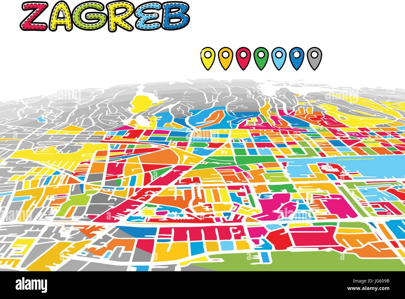Zagreb, Croatia, Downtown 3D Vector Map of Famous Streets. Bright ...