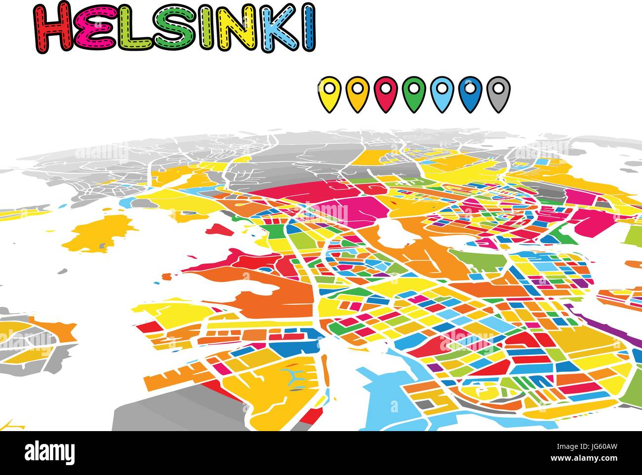 Helsinki, Finland, Downtown 3D Vector Map of Famous Streets. Bright foreground full of colors ...