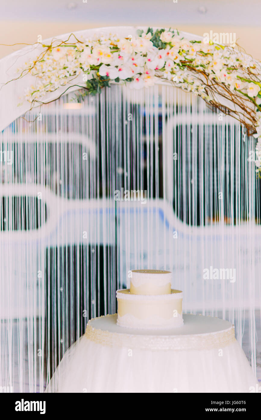 The white wedding cake placed on the table behind the wedding arch ...