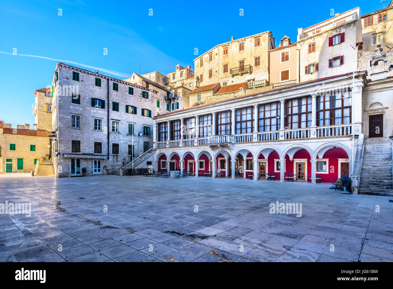 Colorful historic square in old town Sibenik, popular tourist resort in ...