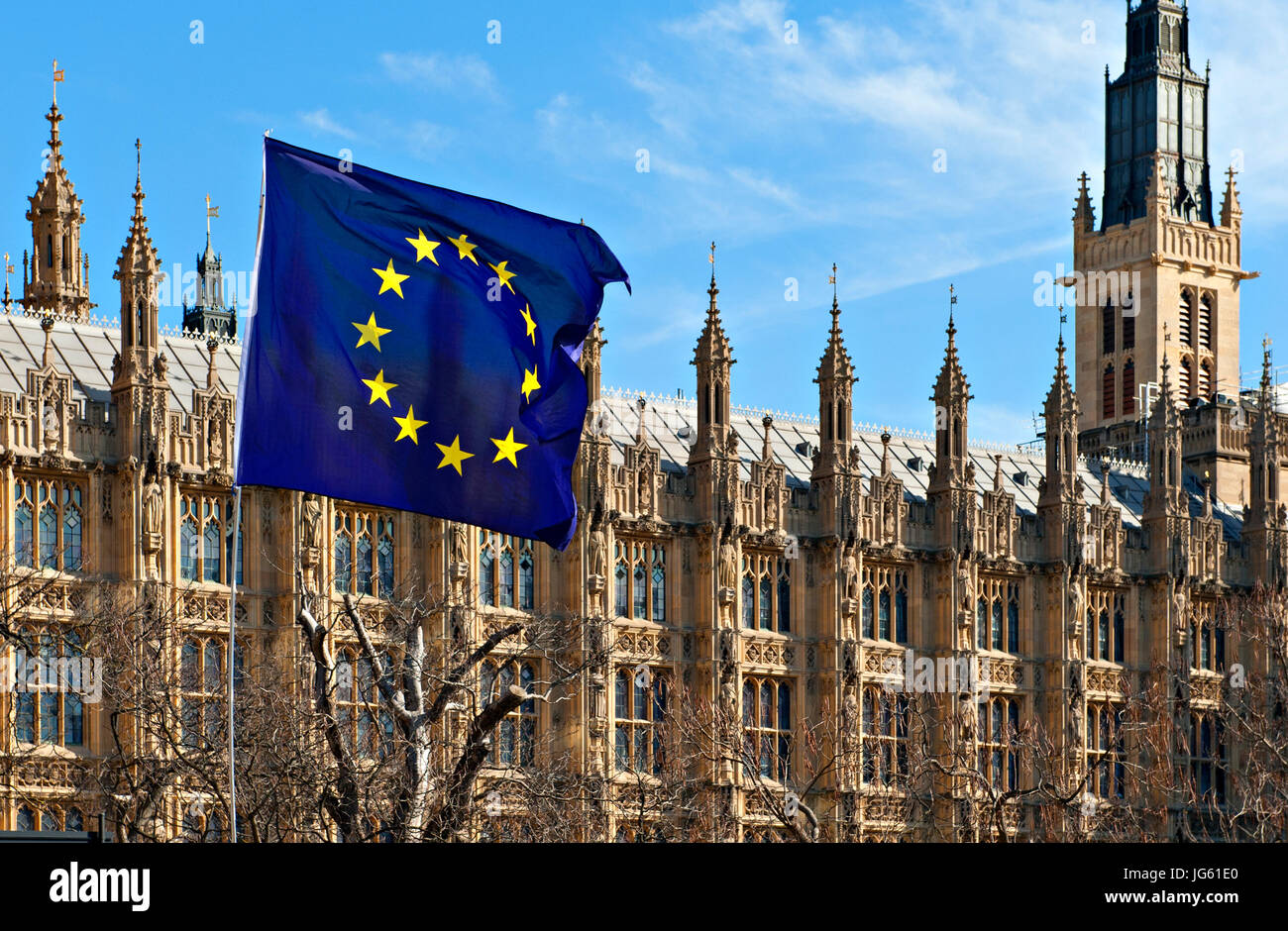 A flag of the European Union in front of the Palace of Westminster, UK ...