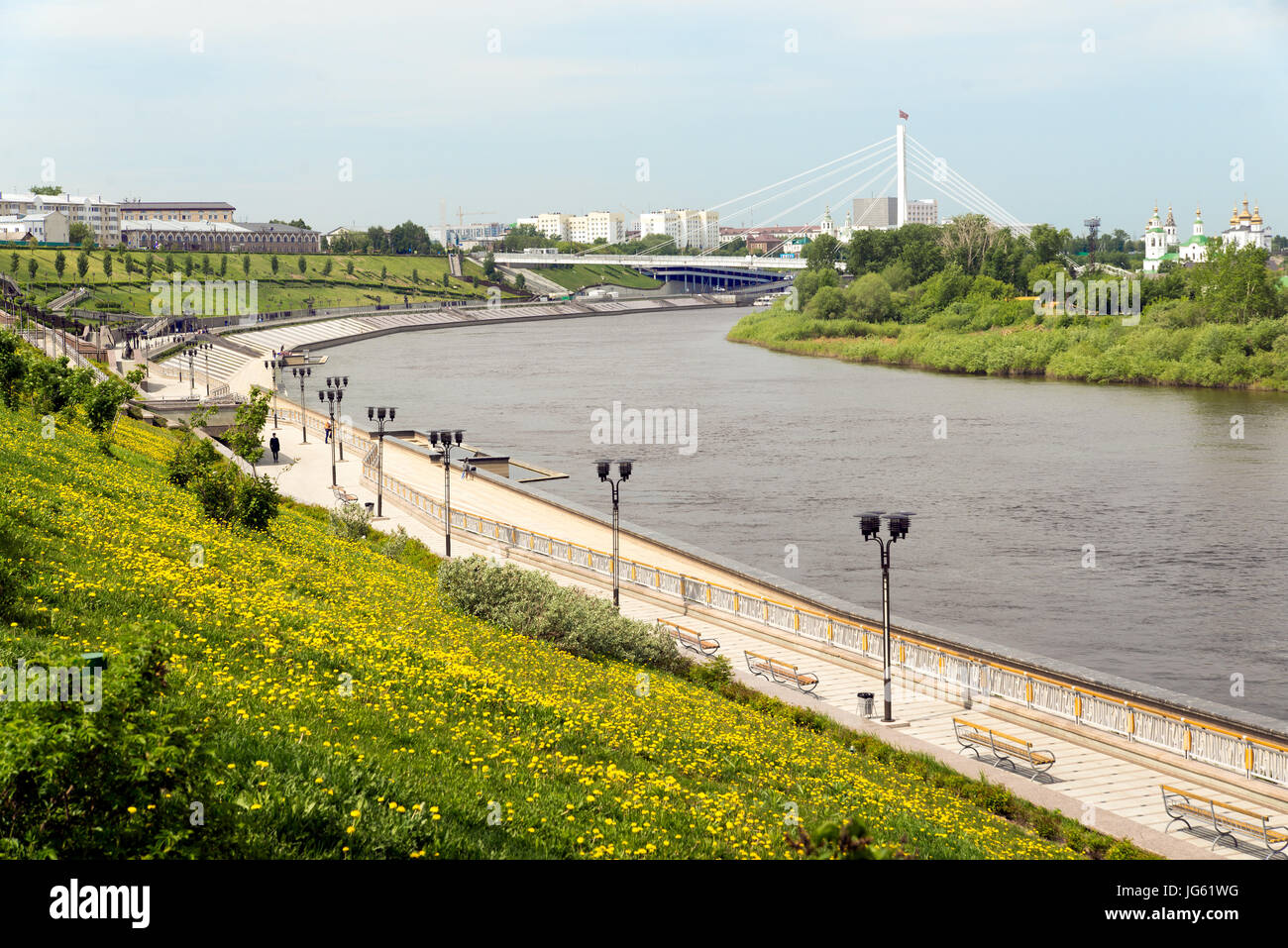 Embankment of Tura river in Tumen city, Russian Federation Stock Photo ...