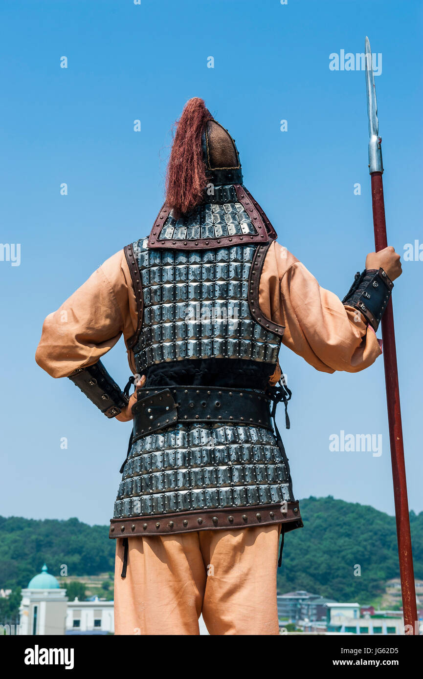 Backside of traditional dressed guard at Gongsanseong castle, Gongju ...