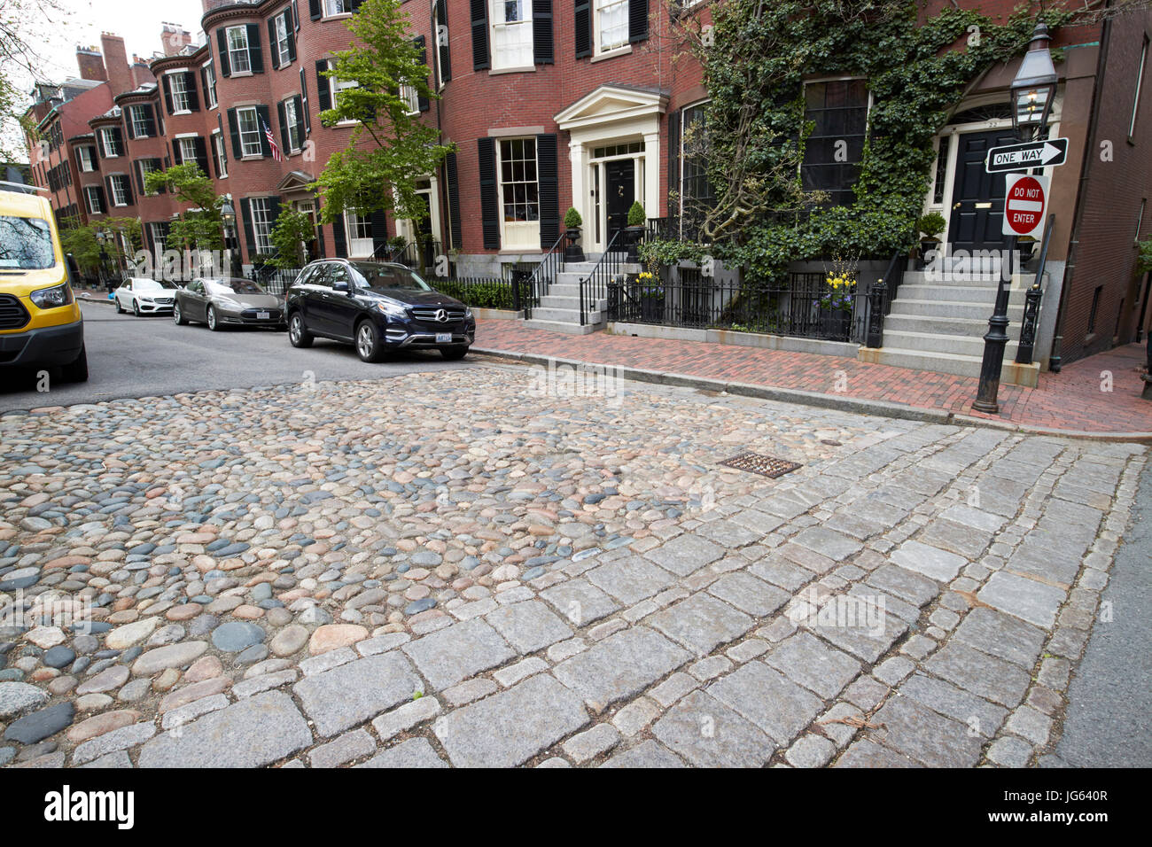old cobblestoned street in louisburg square beacon hill Boston USA ...