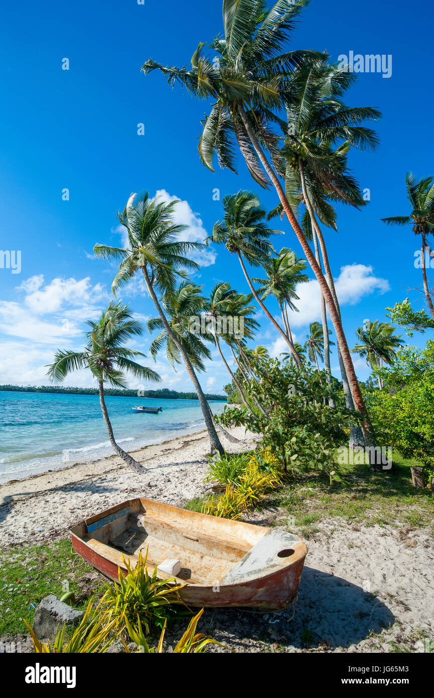 Palm fringed white sand beach on an islet of Vava´u, Vavau islands ...