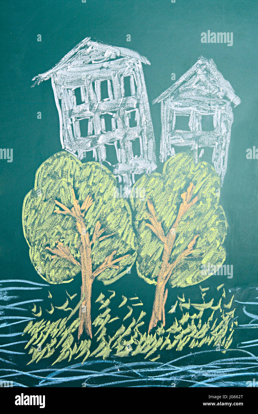 Education. Children's dreamy chalk drawing of habitable island Stock ...
