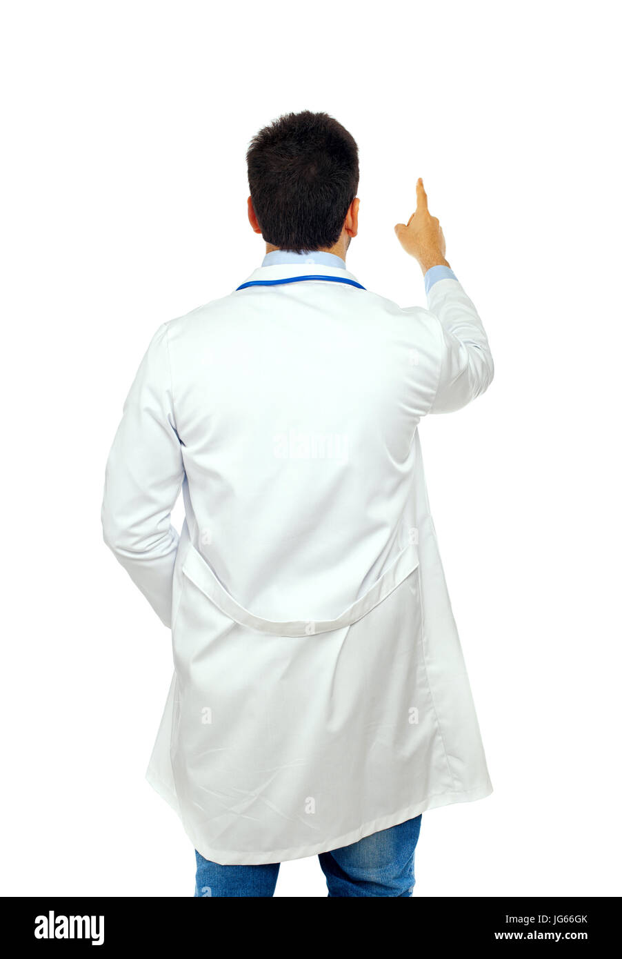 Doctor from behind pointing on white background Stock Photo - Alamy