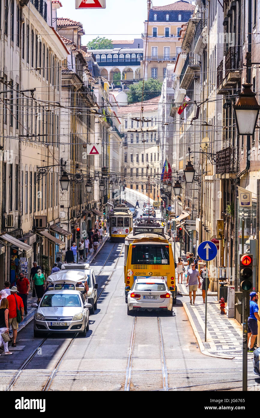 Typical street view in Lisbon with tram tracks - LISBON - PORTUGAL ...