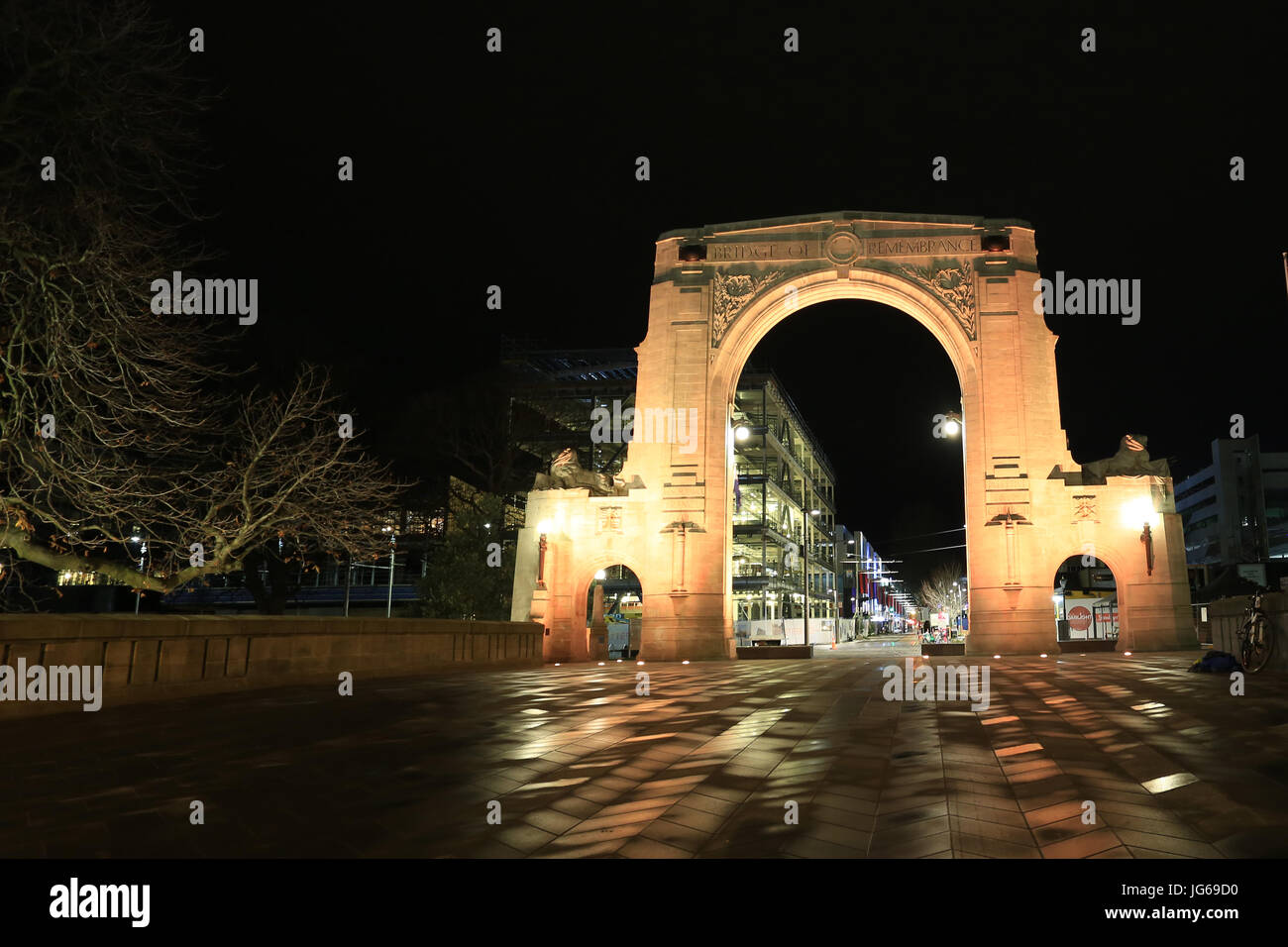 Restored Bridge of Remembrance with post-earthquake construction in the ...