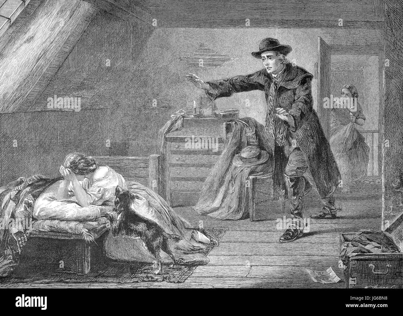 Digital improved:, In the attic, woman sad, husband and dog rush to ...