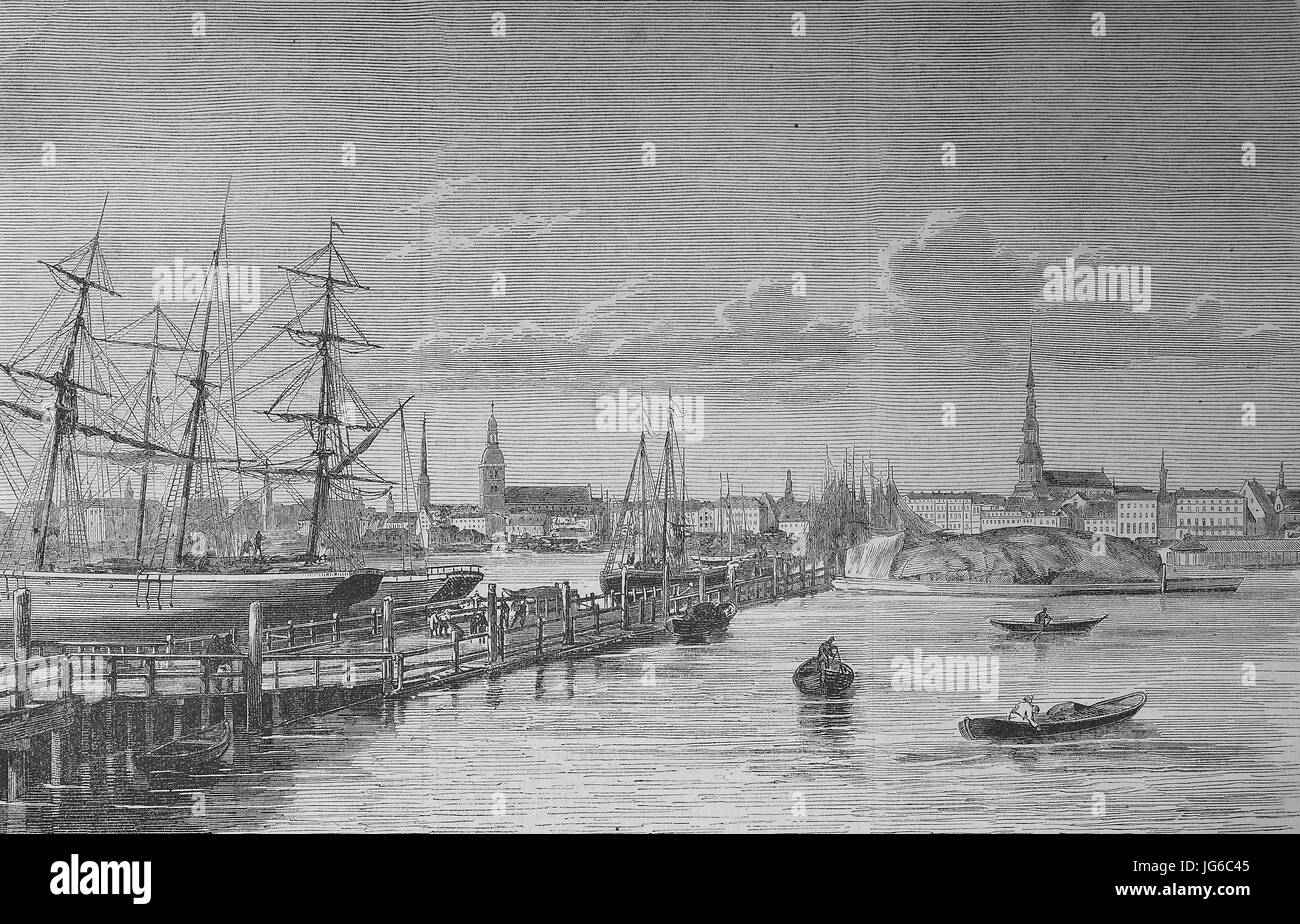 Digital improved:, harbour view of Riga, Latvia, illustration from the ...