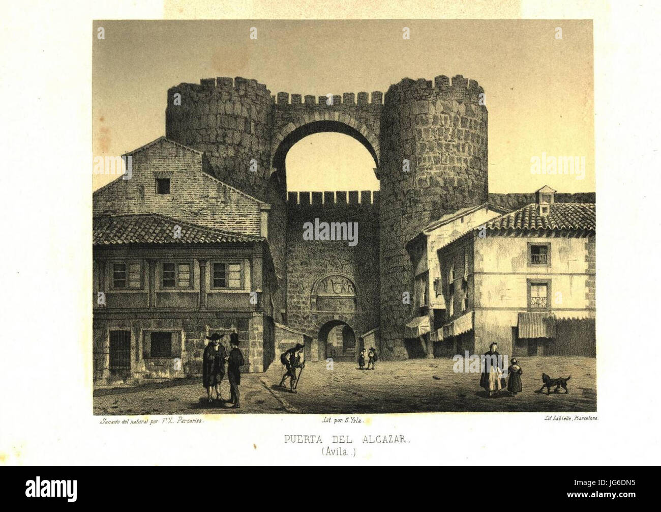 A lithograph of the Puerta del Alcázar in Ávila, Spain, created in 1865 ...