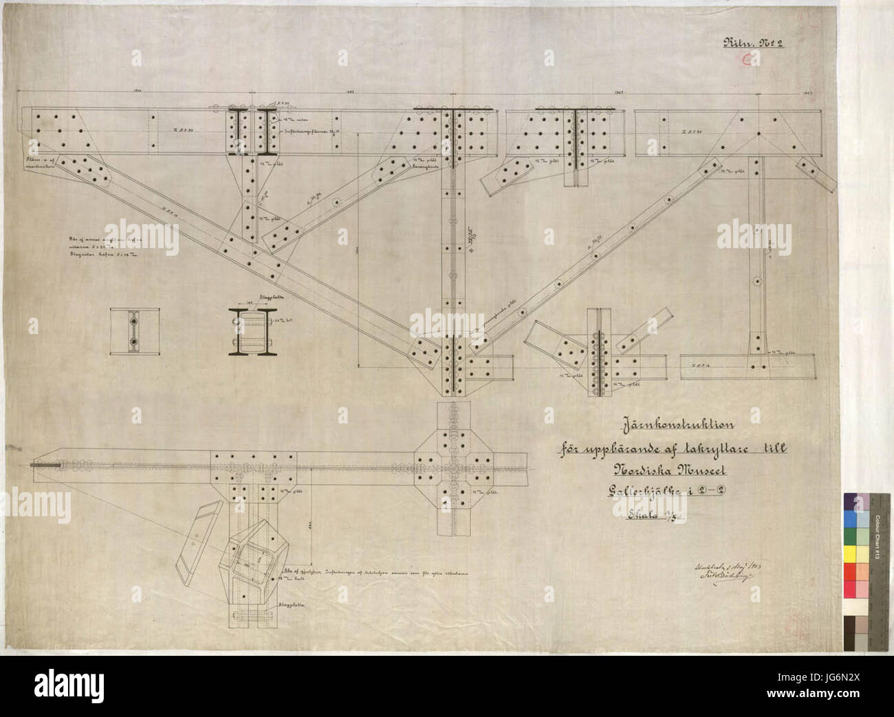 Ritning över Nordiska museet. Järnkonstruktion för uppbärande av ...