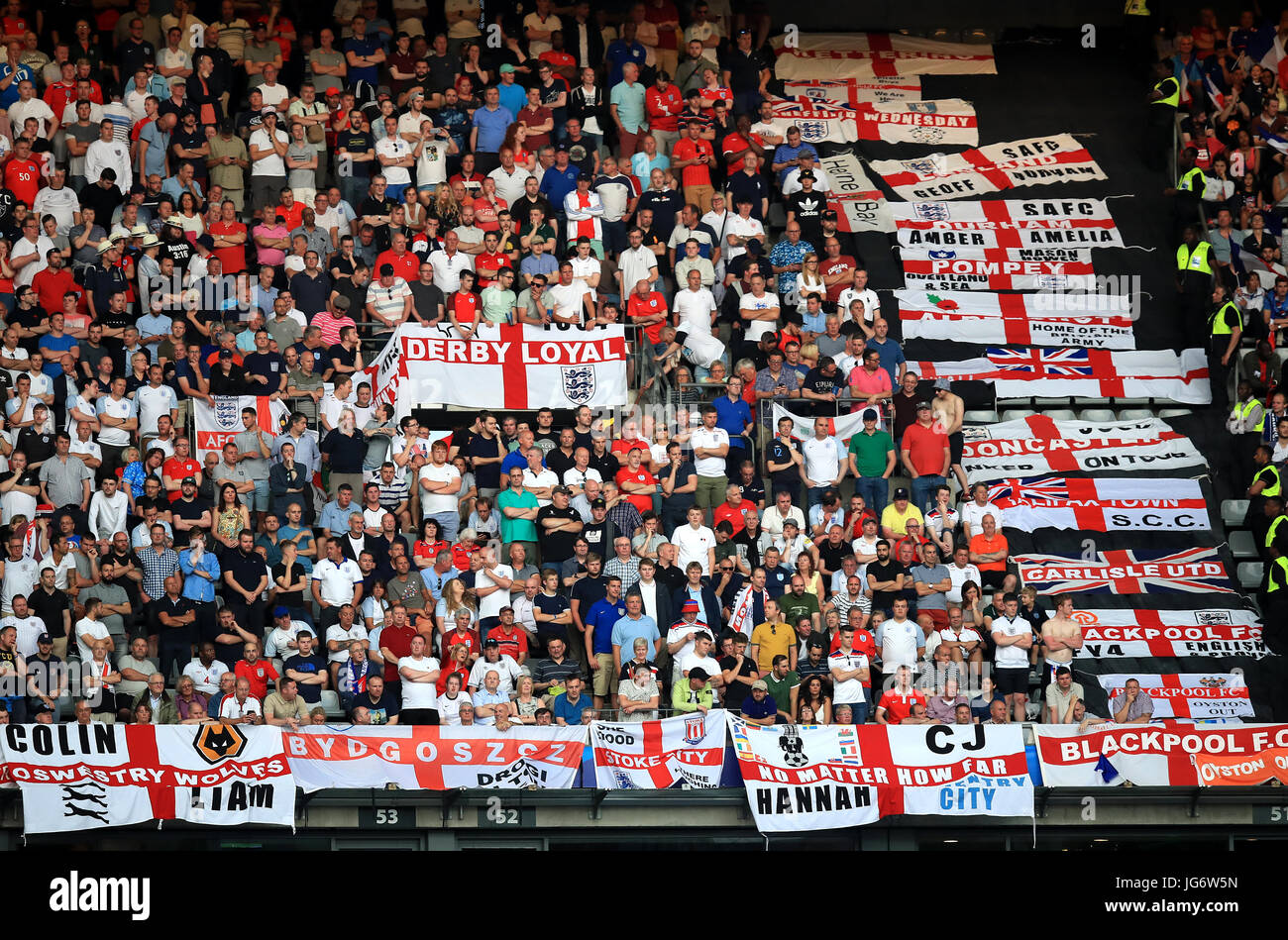 England fans display flags from their hometowns in the stands Stock ...