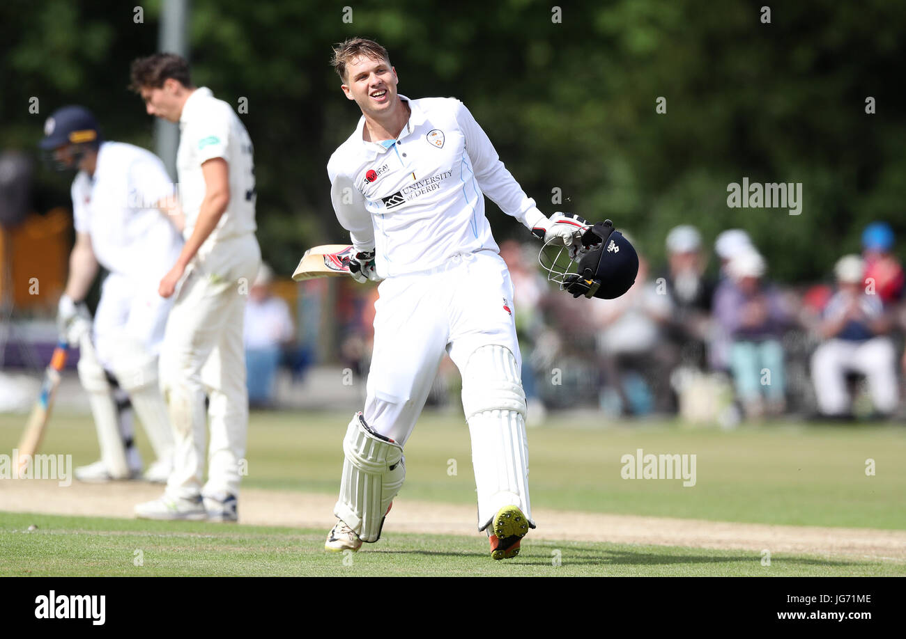 Derbyshire's Matthew Critchley celebrates his century against Durham ...