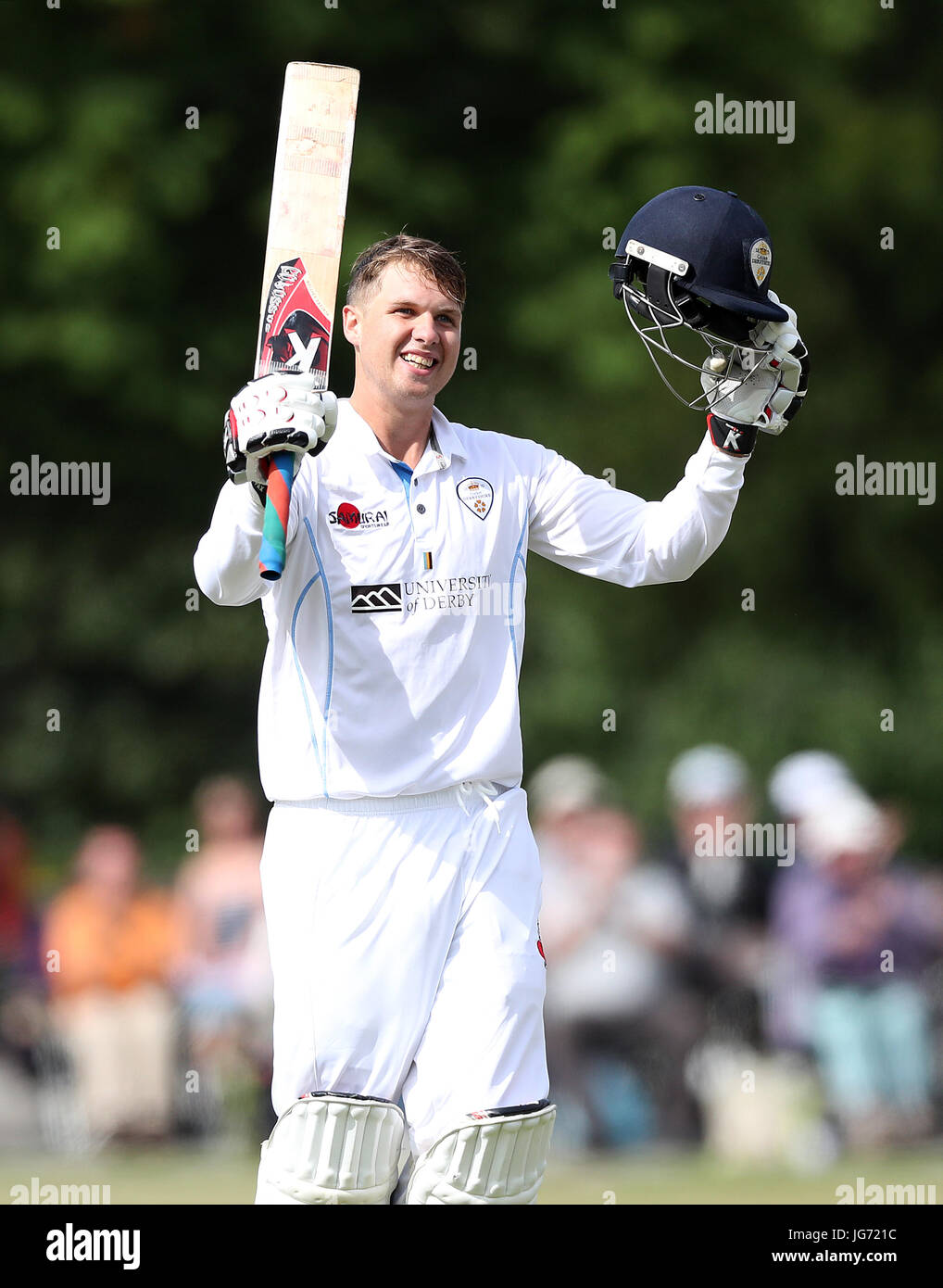 Derbyshire's Matthew Critchley celebrates his century against Durham ...