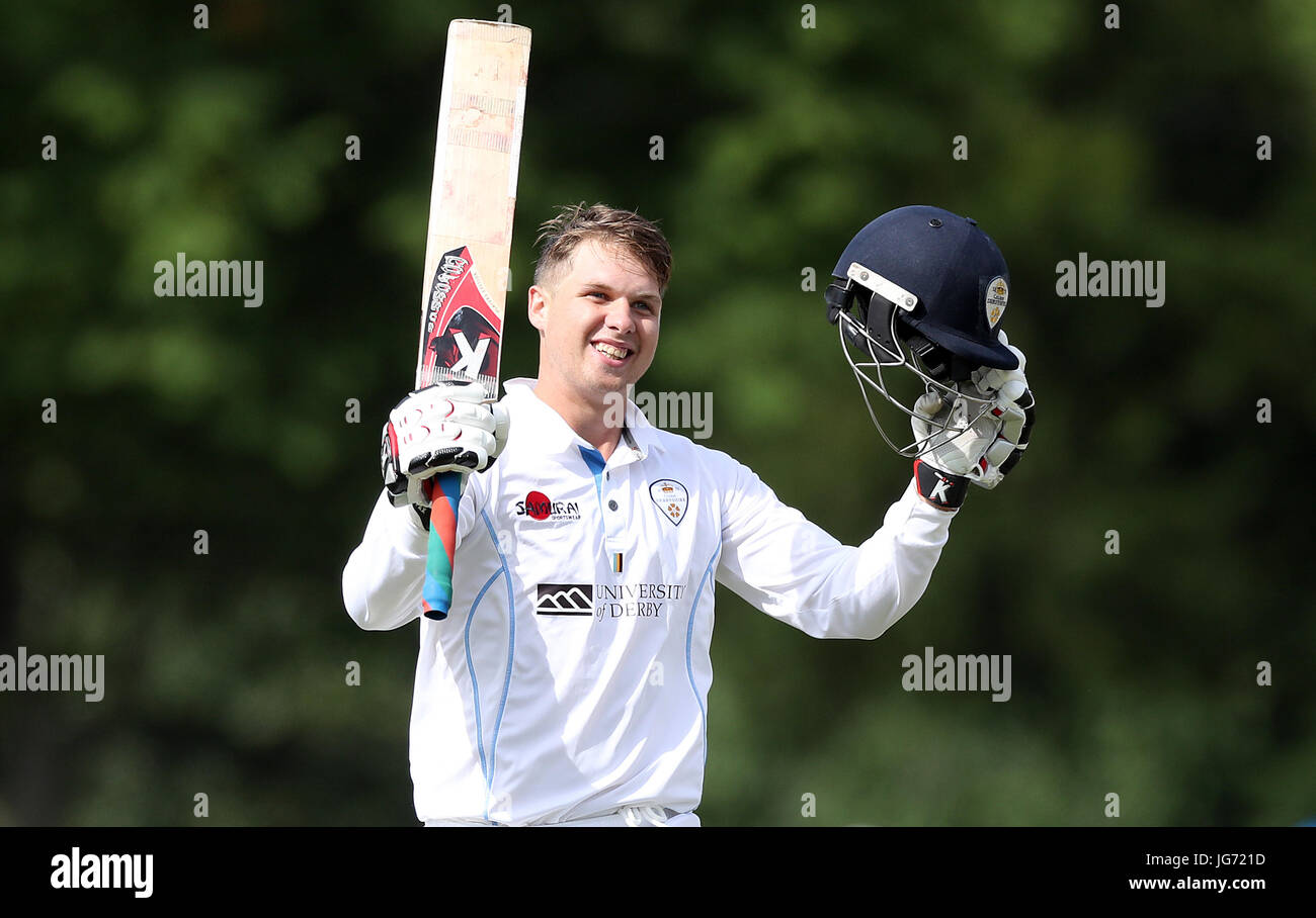 Derbyshire's Matthew Critchley celebrates his century against Durham ...