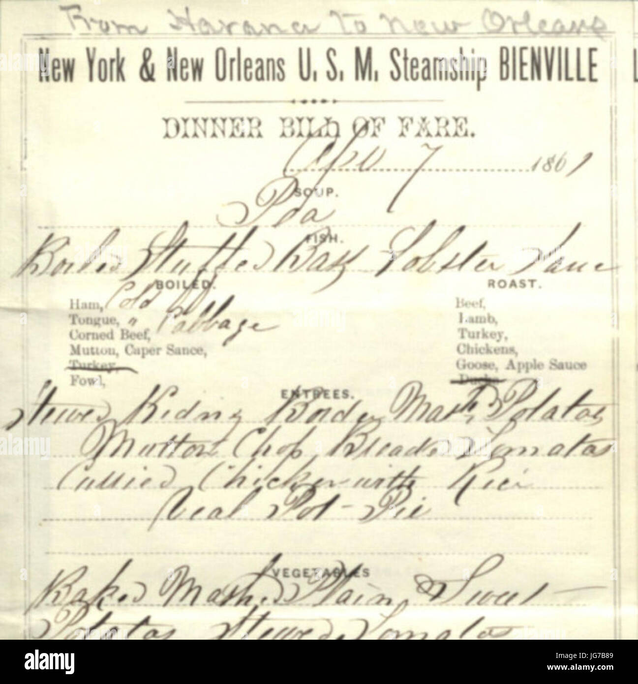 Steamship Bienville on-board restaurant menu 28April 7 186129 Stock ...