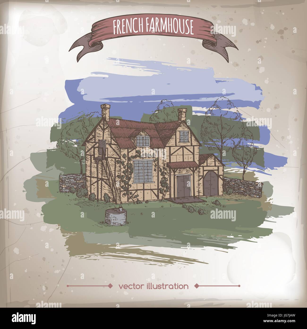 Vintage color travel illustration with old French farm house and yard ...