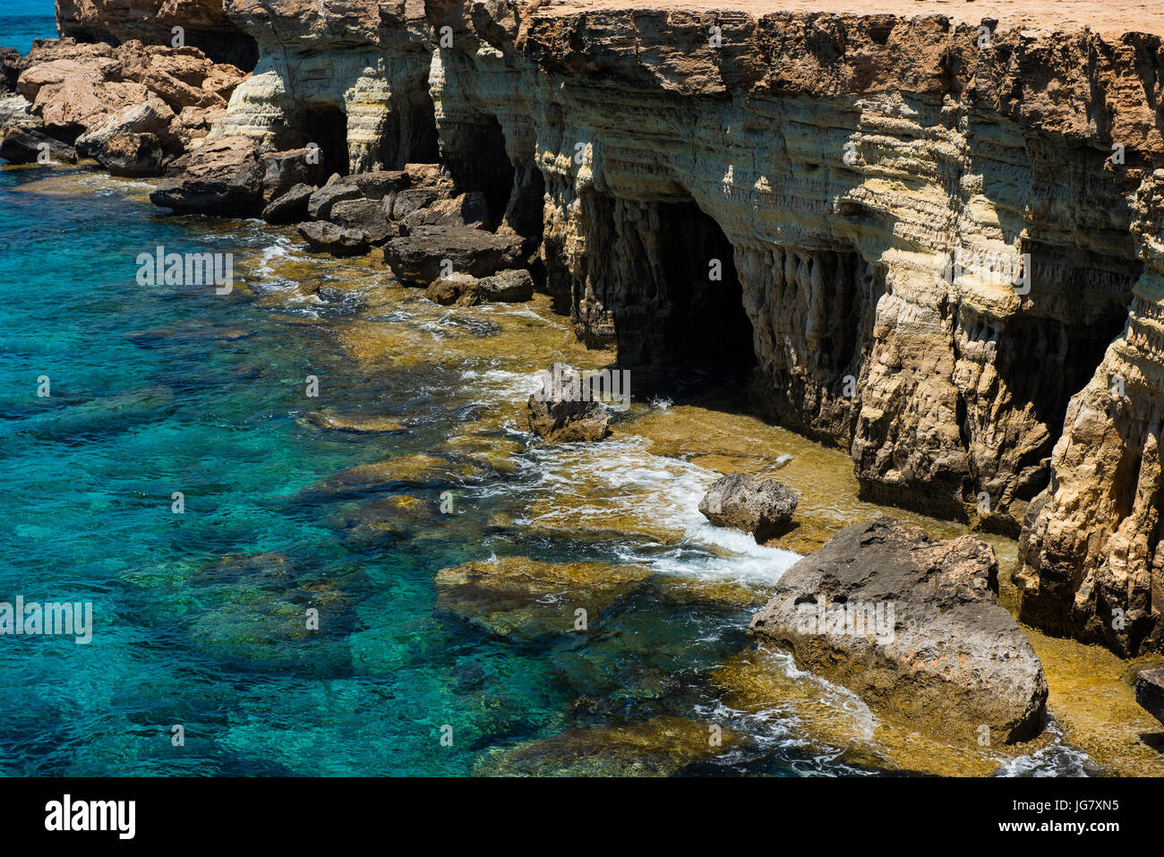 Sea caves (littoral caves) near Ayia Napa, Mediterranean sea coast ...