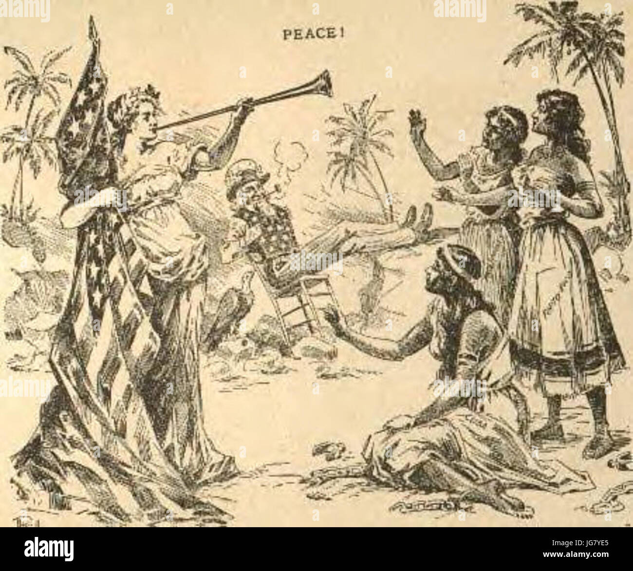 Uncle Sam and the Goddess of Liberty bring freedom to Cuba Puerto Rico ...