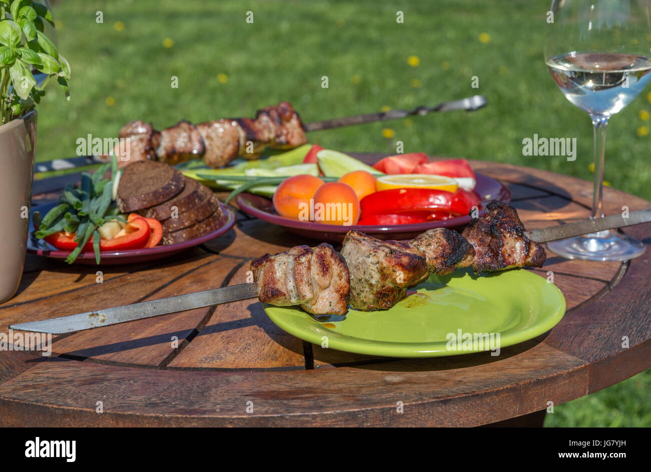 Assorted delicious grilled meat with vegetable on picnic table for ...