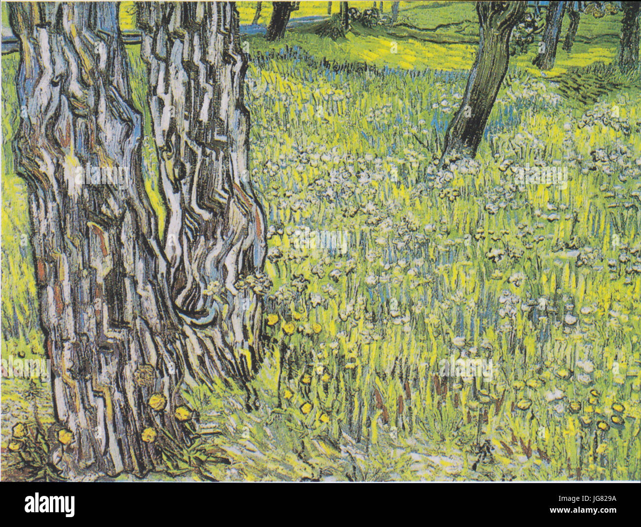 Van Gogh - Blühende Wiese mit Baumstämmen und Löwenzahn Stock Photo - Alamy